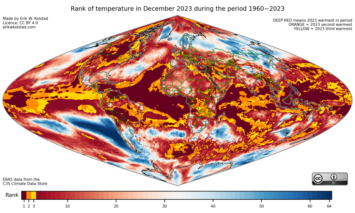 Global December 2023 temperatures ranked – Erik Kolstad